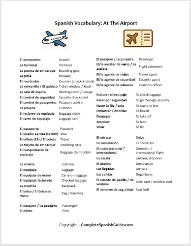Printable Spanish Worksheet: At the Airport - Complete Spanish Guide